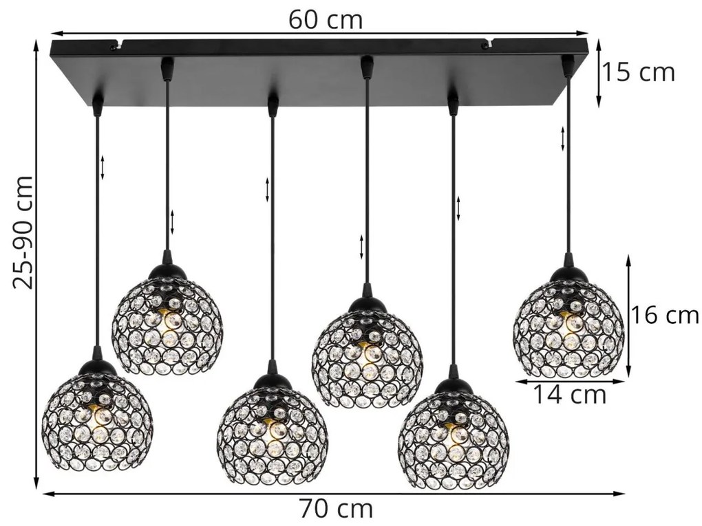 Závěsné svítidlo CRYSTAL, 5x černé křišťálové stínítko