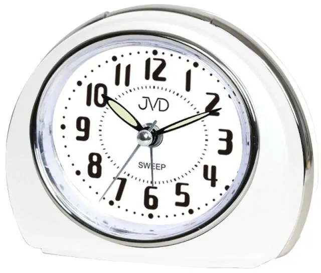 JVD Bílý tichý ručkový budík s osvětlením s plynulým chodem JVD SRP9501.3