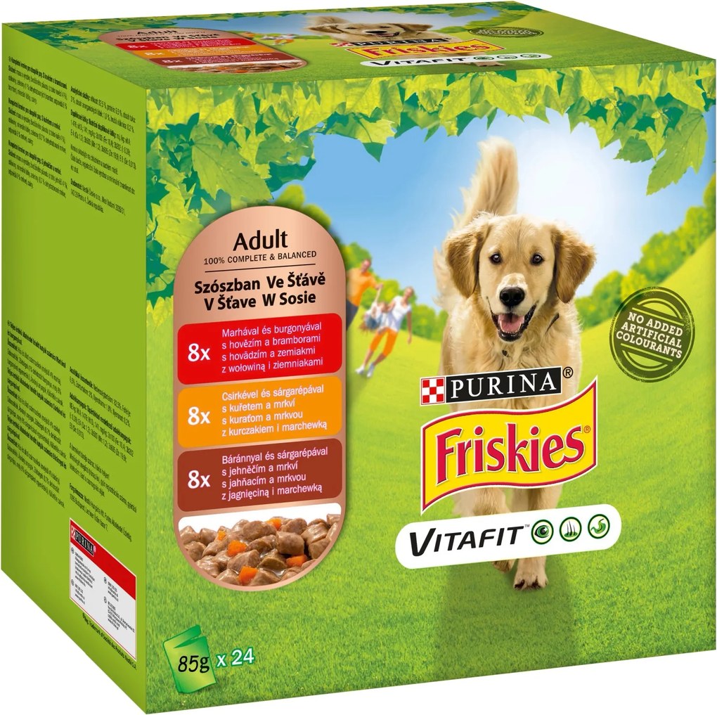 Purina Kapsičky pro psy Friskies Adult hovězí, kuře, jehněčí ve šťávě 24 x 85 g