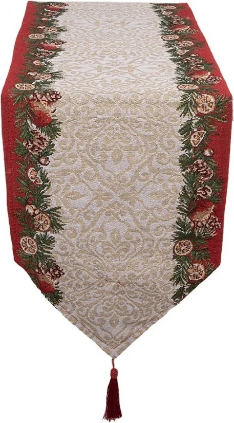 Béžovo-červený látkový běhoun s girlandami a střapci - 33*180 cm