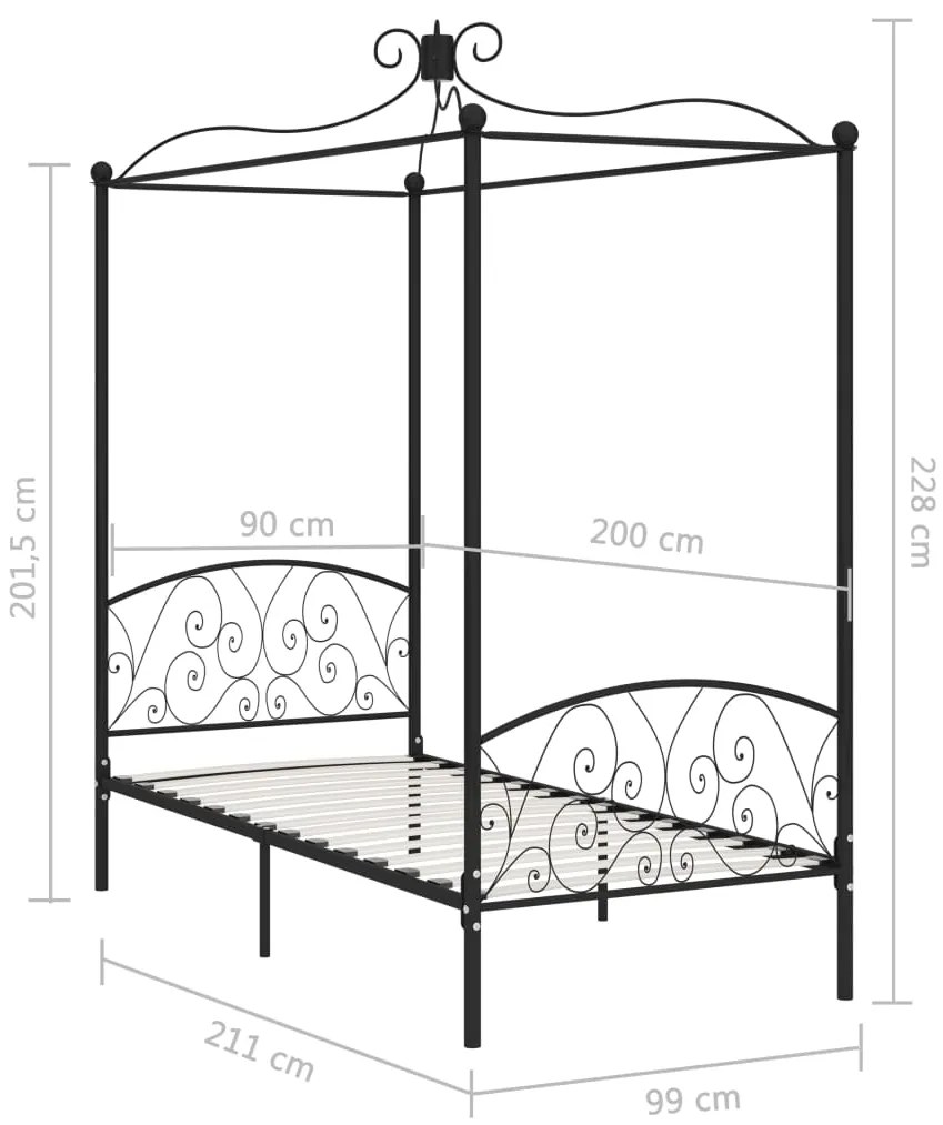 vidaXL Marketos Rám postele s nebesy černý kovový 90 x 200 cm