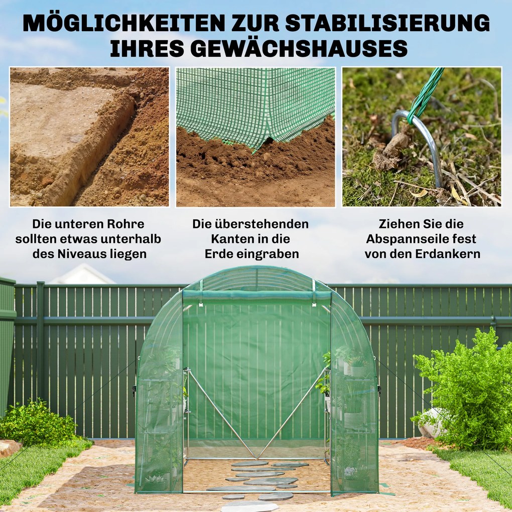 Outsunny Skleník o rozměrech cca 2,7 x 2 m Fóliový skleník s policemi Rolovací dveře na zip 6 oken se síťovinou Nosné tyče 84H-542V00GN