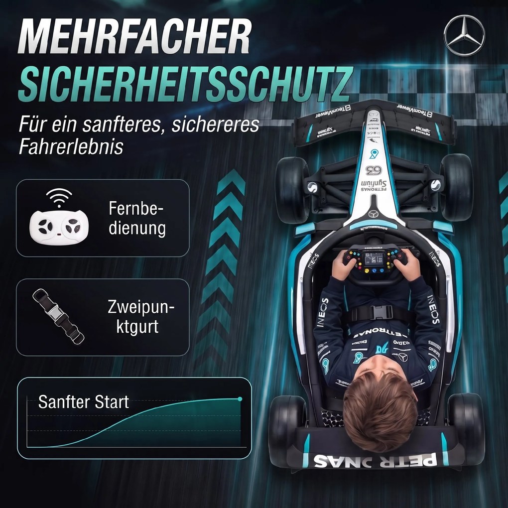 AIYAPLAY Mercedes-AMG PETRONAS F1 12 V elektrický go-kart pro děti Gokart s lithium-akumulátorem 2 motory Plynulý start