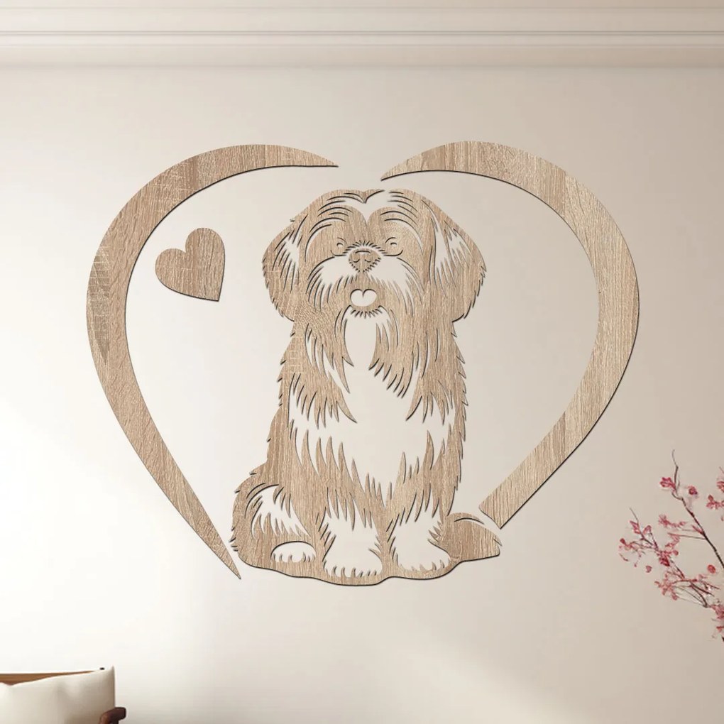 dřevo života Dřevěný obraz psa Shih Tzu se srdcem Zvolte rozměr (cm): 60x48, Zvolte barvu dekoru: Ořech
