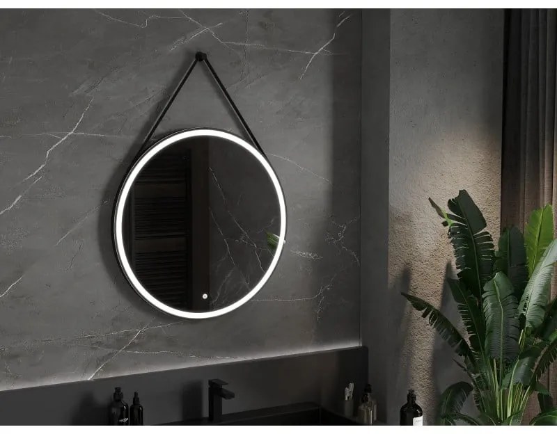Mexen Reni podsvícené koupelnové zrcadlo, Kulaté 80 cm, LED 6000K, ventilátor, Černá rama - 9812-080-080-611-70