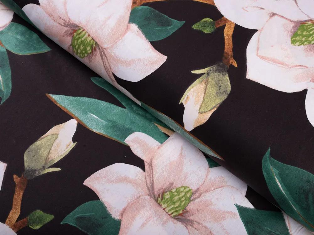 Biante Bavlněný povlak na polštář s lemem Sandra SA-300 Květy magnolie na černém 45 x 45 cm