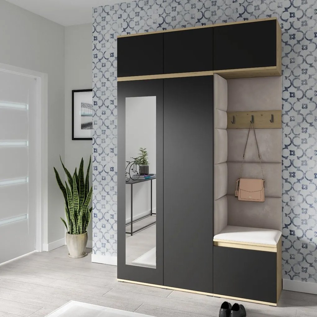 Eka Předsíňová stěna s čalouněnými panely Trinity 18 - Dub Artisan s černou / Světlá béžová 2303