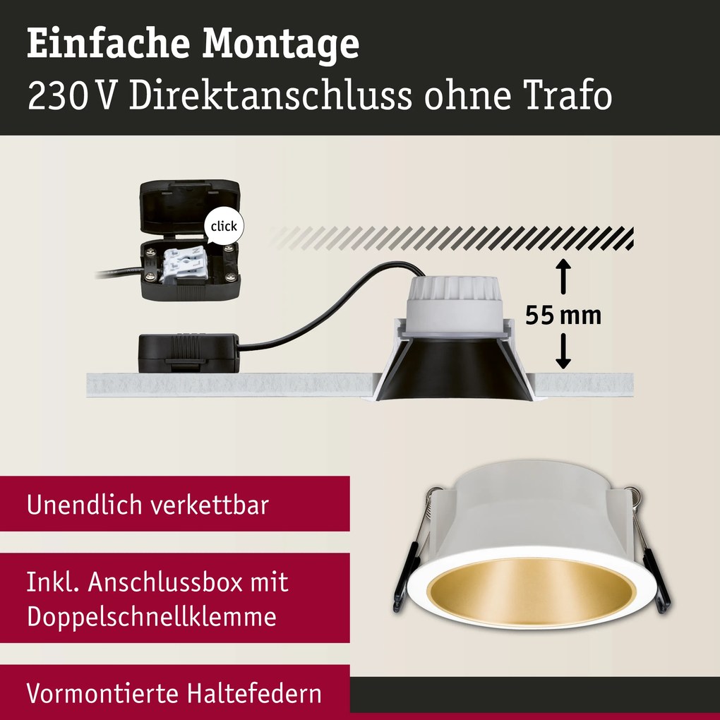 Paulmann 93405 Cole Coin, bodovka v bílo-zlaté úpravě, 1x6W LED 2700K tříkrokové stmívání, prům. 8,8cm, IP44