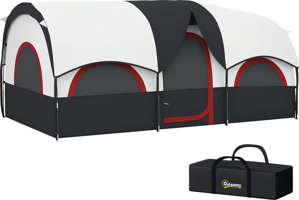 Outdoorový rodinný stan pro 4-6 osob, voděodolný 3000 mm, skládací stan s 2 ložnicemi, batoh na turistiku 435x251x195 cm, tmavě šedý a bílý | Aosom
