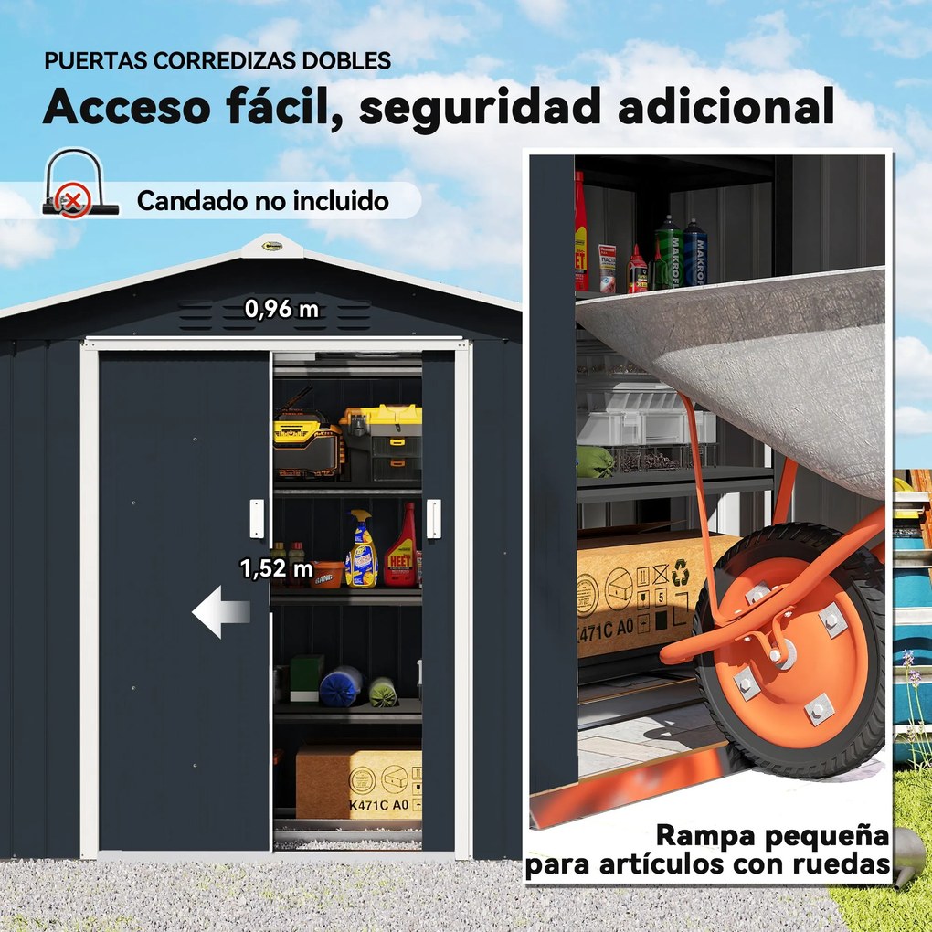 Zahradní shed Outsunny 2,42m² s posílenou základnou bez podlahy 213x130x185 cm s posuvnými dveřmi a střešním oknem 4 okna pro skladování nářadí Tmavě…