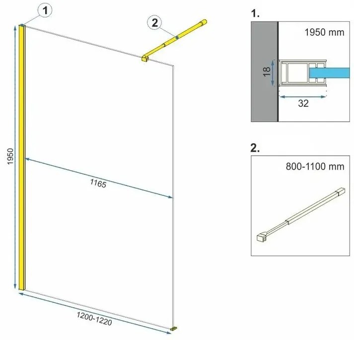 Rea Aero, sprchová zástěna typu Walk-In 120cm, 8mm čiré sklo, zlatý lesklý profil + polička a věšák EVO, KPL-K8443