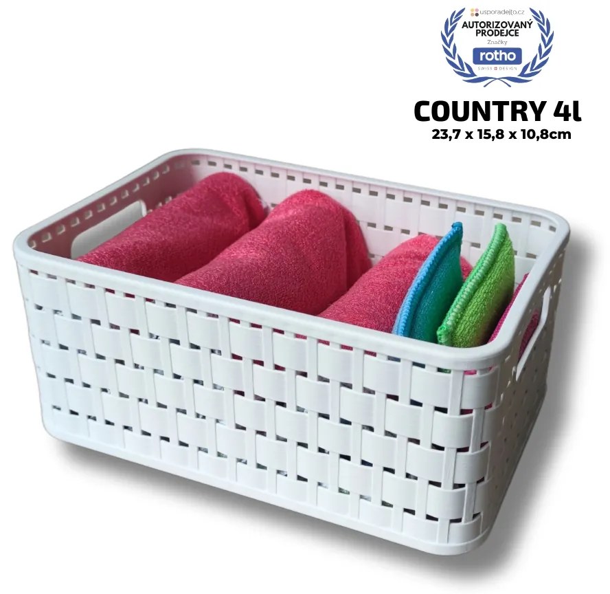Rotho Plastový košík COUNTRY, rovný, bílý (4l - 24x16x11)