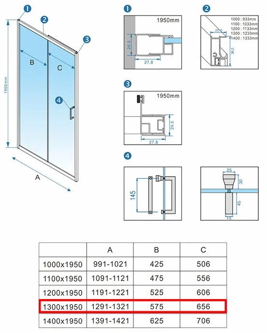BPS-koupelny Posuvné sprchové dveře HYD-PD14D 130 chrom/transparent pro instalaci do niky - bez vaničky