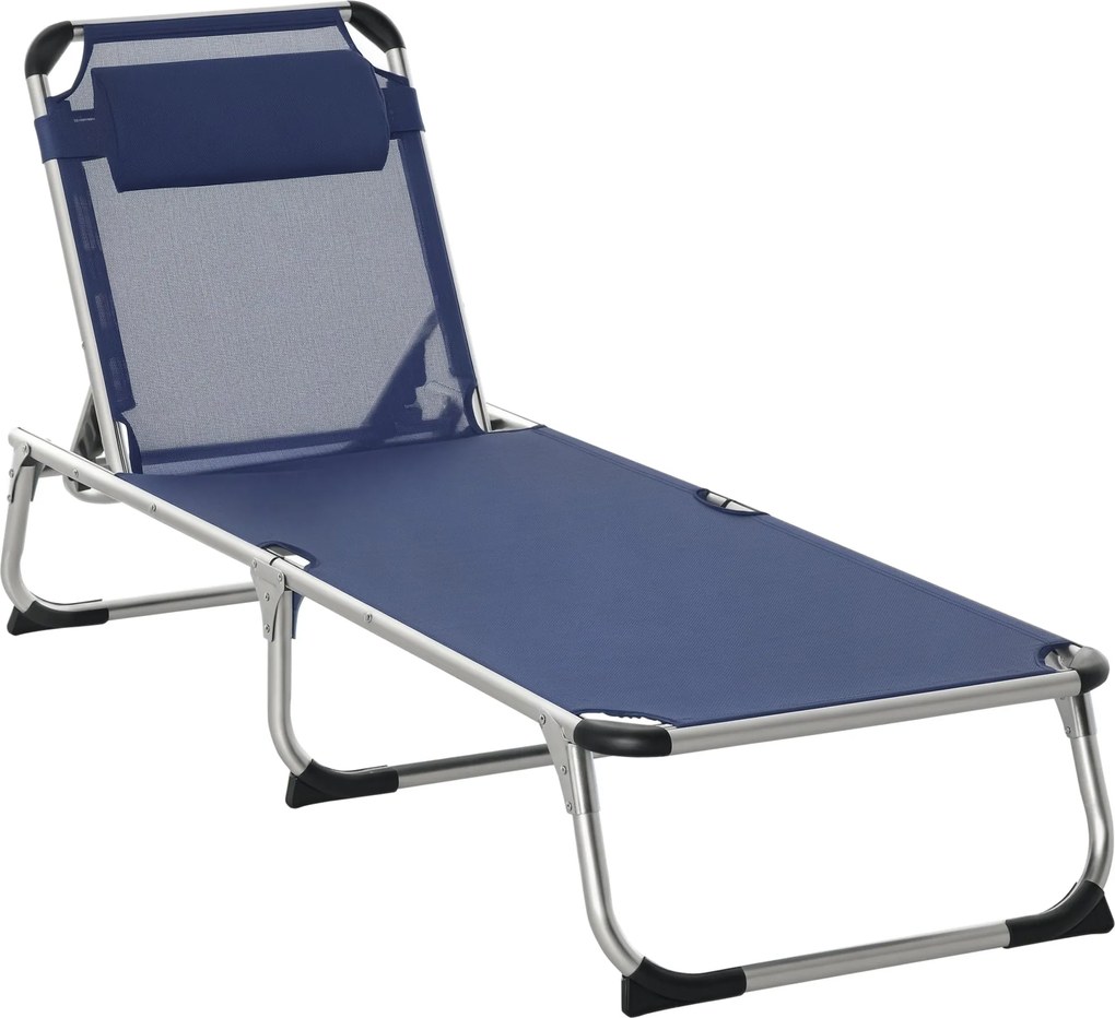 Skvělý skládací venkovní lehátko Outsunny s opěrkou hlavy, zahradní lehátko s nastavitelným opěradlem z hliníku 60x165x76 cm Tmavě modrá | Aosom