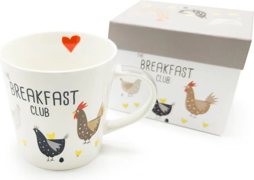 Porcelánový hrnek Breakfast Club, bílý, 400 ml – motiv slepic, kuřátek a kohouta, venkovský styl