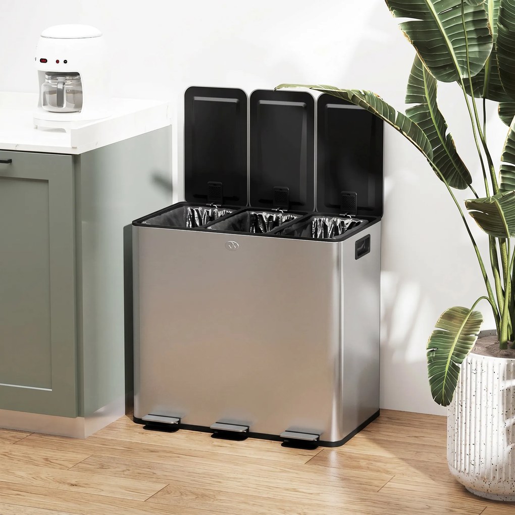 HOMCOM Kuchyňský Odpadkový Koš s 3 Přihrádkami 3x15L Nerezová Ocel s Měkkým Uzavíráním a Odnímatelnými Přihrádkami pro Recyklaci Odpadu