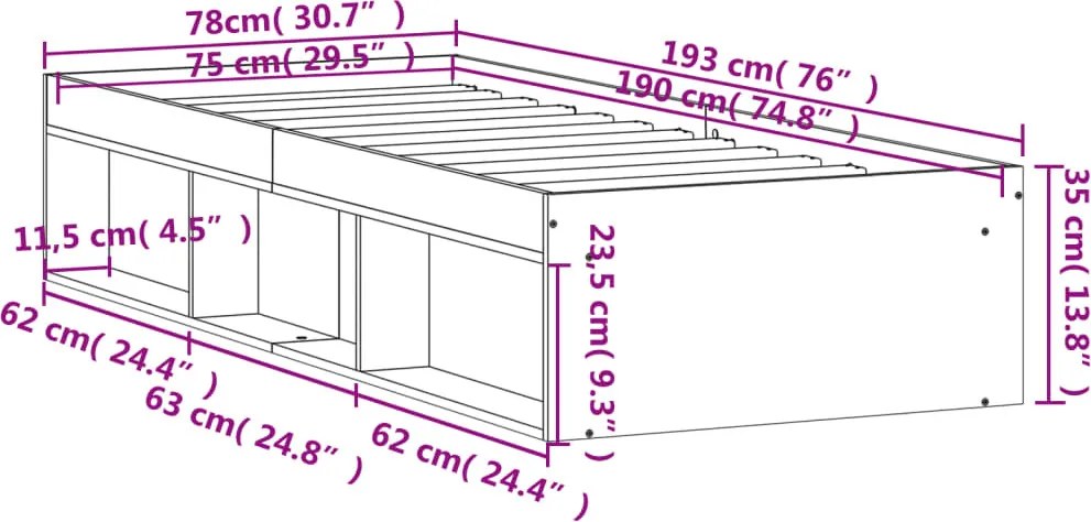 vidaXL Rám postele 75 x 190 cm Small Single [3203849] Barva: šedá sonoma