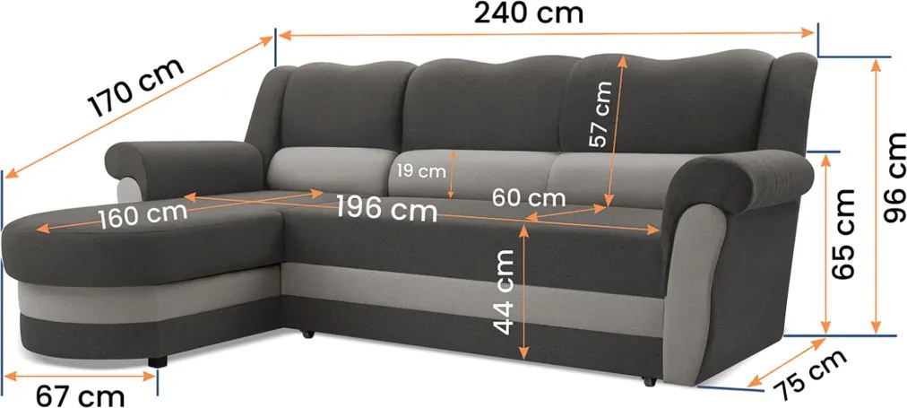 Rohová rozkládací sedací souprava do L BRUNO, 240 cm, s úložným prostorem Roh pohovky: Pravý roh, Barva látky: Černá a světle šedá (Bahama 36 + Bahama 31)