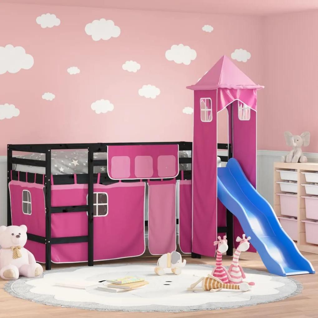 Dětská patrová postel s věží růžová 90 x 200 cm masiv borovice,  3207080