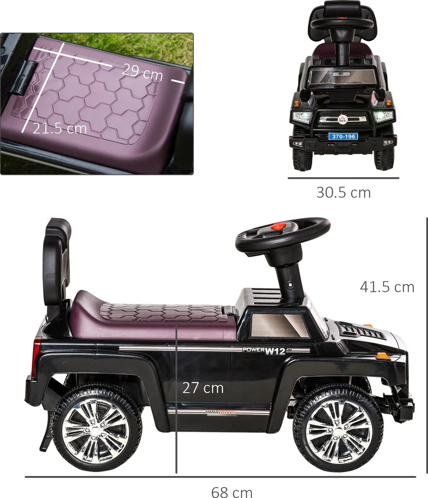 HOMCOM Dětský Off-Road Auto pro Jízdu, Auto s Osvětlením a Hudbou, Věk 18-36 Měsíců, 68x30,5x41,5cm, Černé