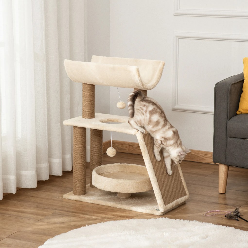 PawHut škrabadlo pro kočky malé 76 cm s míčkem a hrazdičkou, vnitřní šplhací věž s pelíškem a škrabací deskou, světle hnědá pro kočky do 5 kg | Aosom…