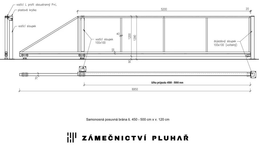 Samonosná posuvná brána š. 450 - 500 cm x v. 120 cm
