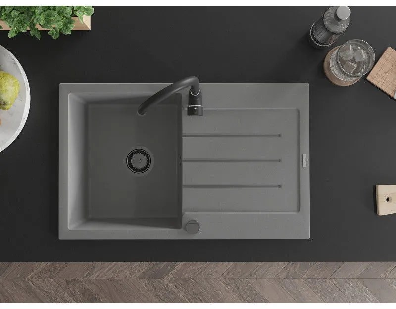 Mexen Bruno, granitový dřez 795x495x200 mm, 1-komorový, šedá s černým sifonem, 6513791010-71-B