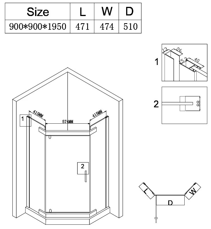 BPS-koupelny Pětiúhelníkový sprchový kout HYD-PK91B 90x90 černá/transparent