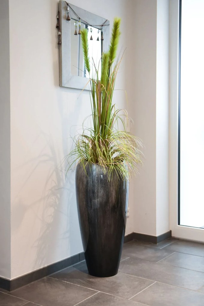 Exkluzivní květináč DELUXE, sklolaminát, výška 81 cm, černo/stříbrný lesk