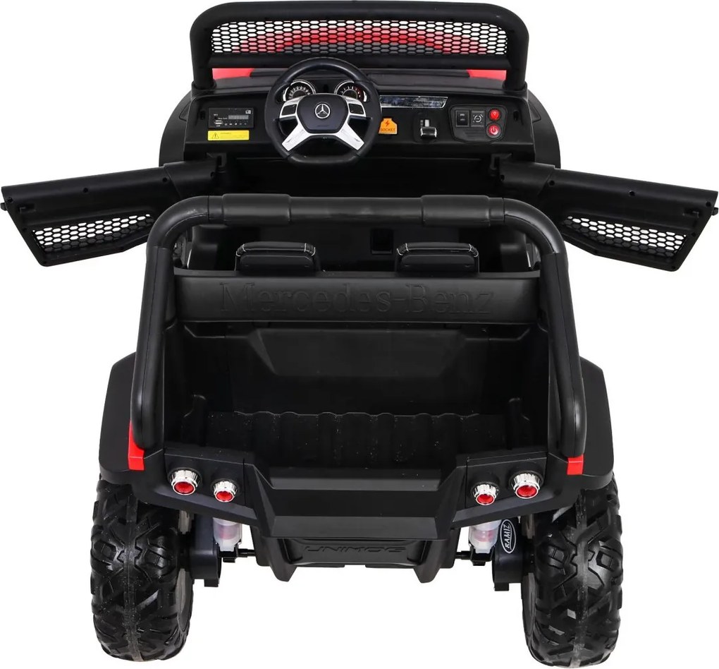 Ramiz Mercedes Benz Unimog elektrické autíčko pro děti červené + pohon 4x4 + dálkové ovládání + nosič zavazadel + pomalý start + MP3 + LED