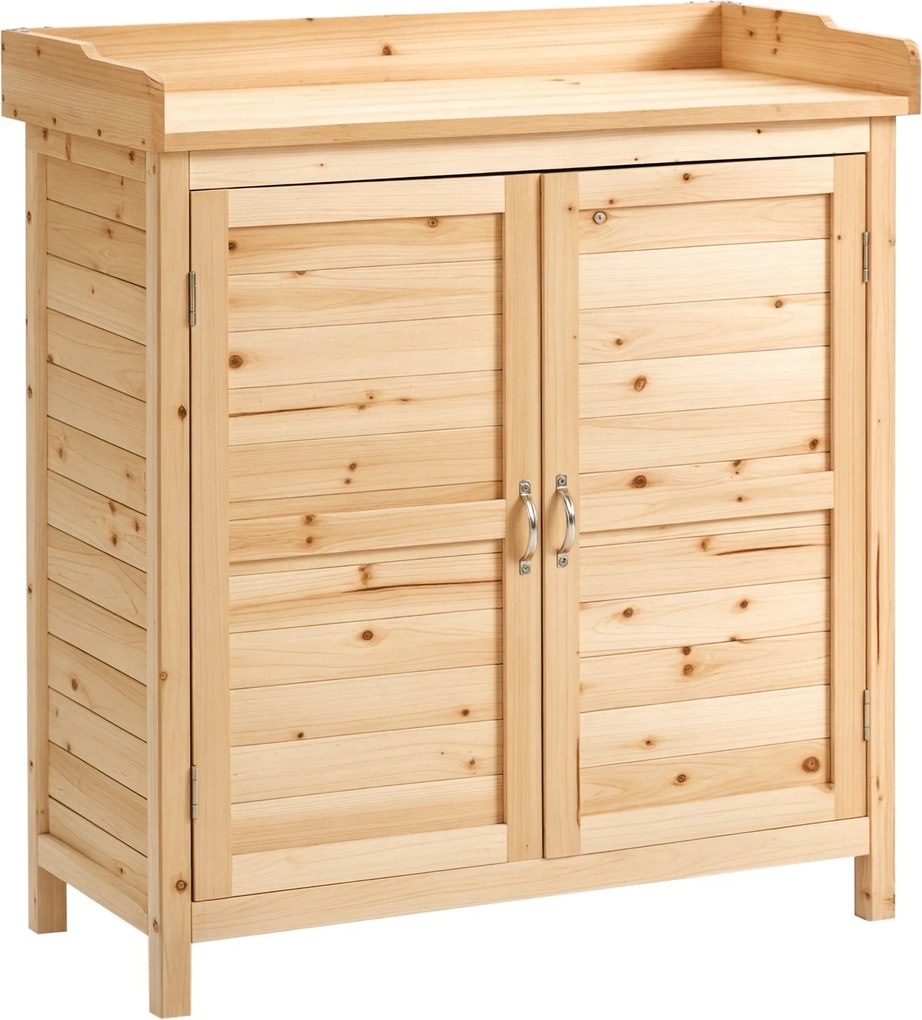 Dřevěný zahradní skříň Outsunny - Úložný shed s 2 dveřmi, policí a zdviženými nohami pro terasu a patio 83x40x92 cm - Přírodní | Aosom