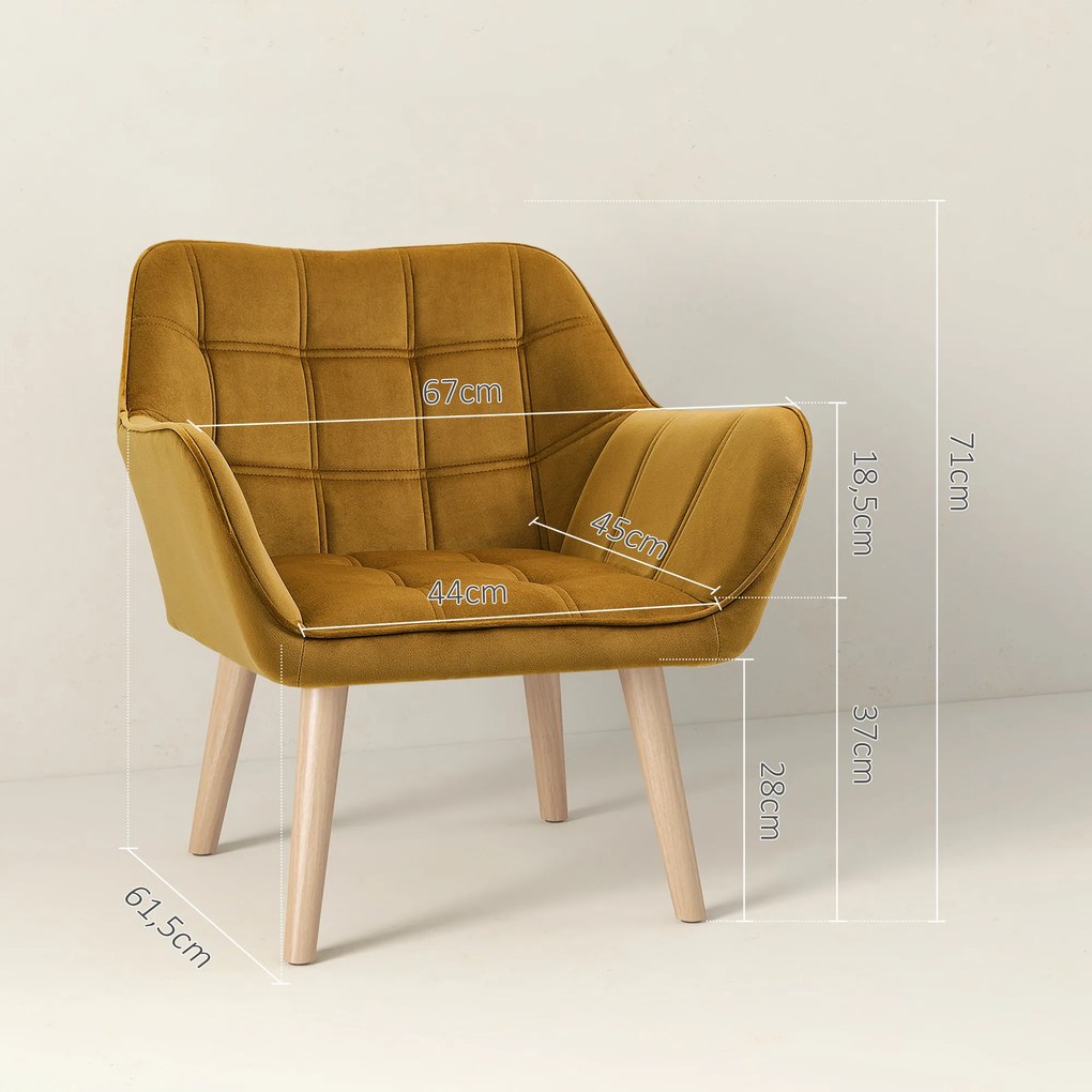 HOMCOM křeslo s polohovatelným sedákem se sametem, skandinávské, zvýšené nohy, sametový polyester, žlutá 67x61,5x71 cm