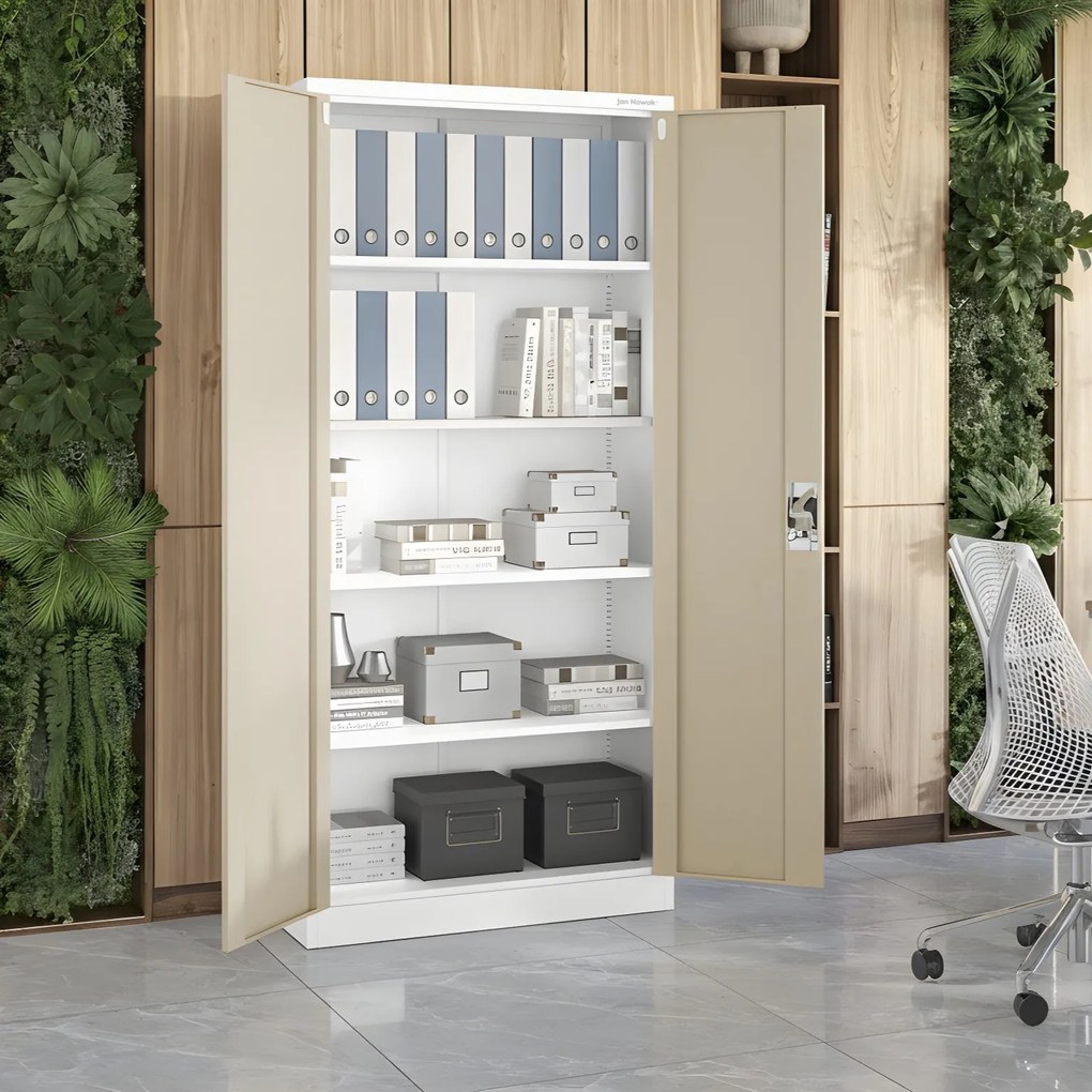Vysoká kovová kancelářská skříň na dokumenty, bílá/zlatý dub, 900x1950x400 mm: JAN H Eco Design