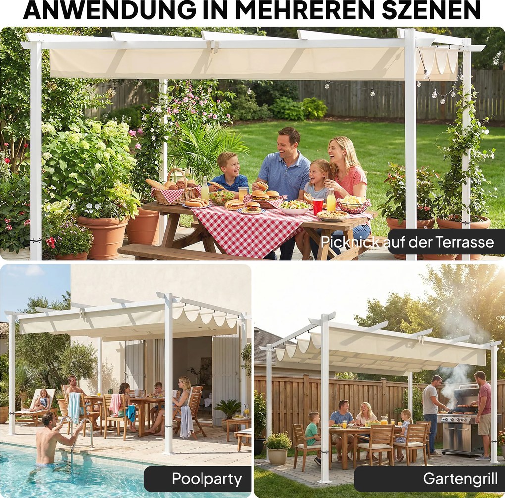 Pergola 3 x 4 m s posuvnou střechou, magnetické zámky, UV30+ Béžová barva