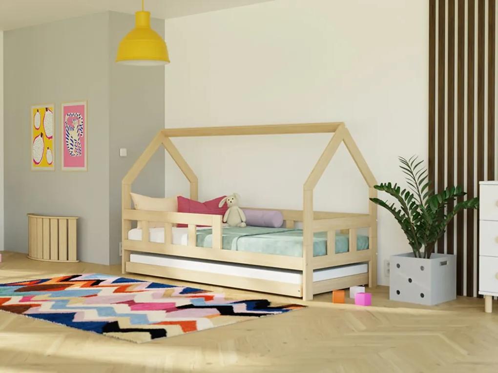 Benlemi Dětská postel domeček FENCE 2v1 ze dřeva se zábranou a přistýlkou Zvolte barvu: Pastelově růžová, Zvolte rozměr: 90x160 cm, Zvolte zábranu: S otevřeným vstupem