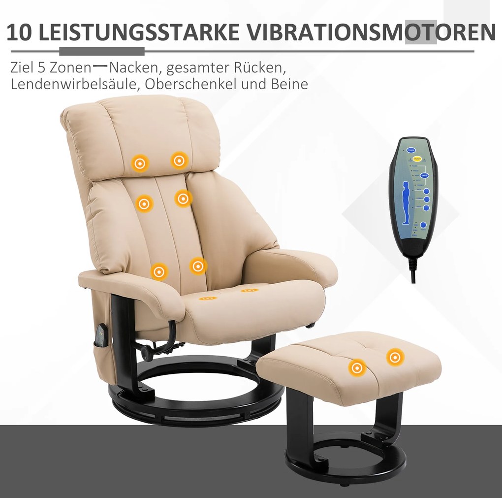 HOMCOM Polohovací křeslo s funkcí polohování, masážní křeslo, TV křeslo, polohovací křeslo, ergonomické křeslo s taburetem, béžová barva, 76 x 80 x 1…