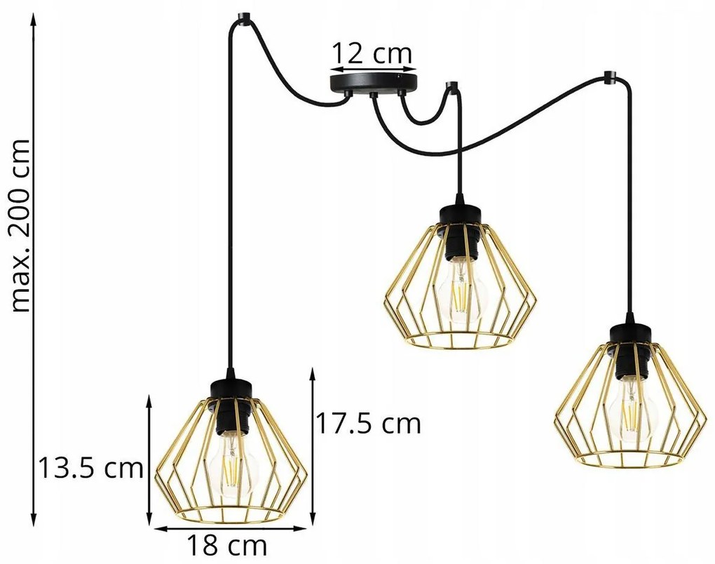 Závěsné svítidlo Nuvola Spider 1, 3x zlaté drátěné stínidlo