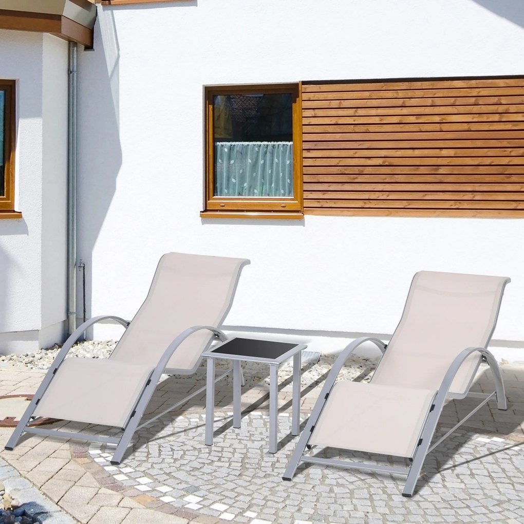 Outsunny Sada 2 Zahradních Lehátků s Temperovaným Skleněným Stolkem s Opěradlem a Područkami pro Exteriér Terasa U Bazénu Béžová