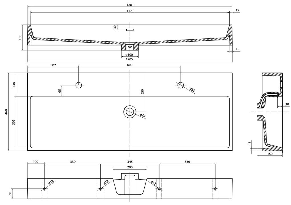 Sapho Sapho, AQUATIC umyvadlo, litý mramor, 120x46cm, 2 otvory pro baterii, bílá, AT120-2