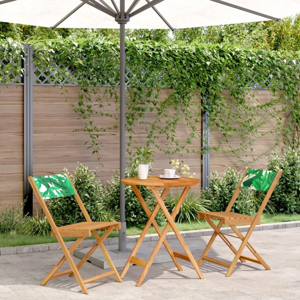 3dílný bistro set vzor listů textil a masivní dřevo 3281752
