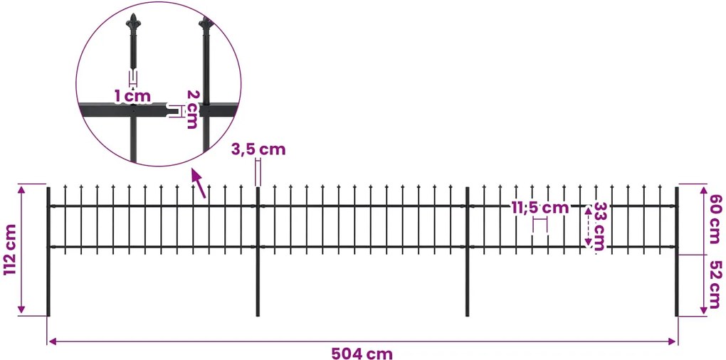 Zahradní plot s kopím nahoře ocelový 504 x 60 cm černý 277595