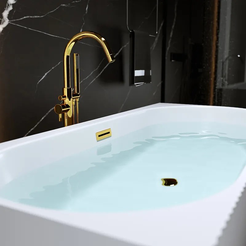 BPS-koupelny Volně stojící rohová akrylátová vana HYD-RIO504B levá 150x75 bílá, odtokový komplet zlatý