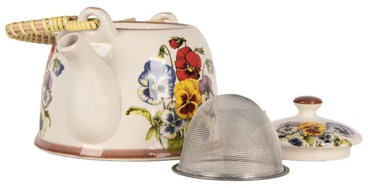 Porcelánová konvička na čaj se sítkem s motivem barevné macešky – 800 ml