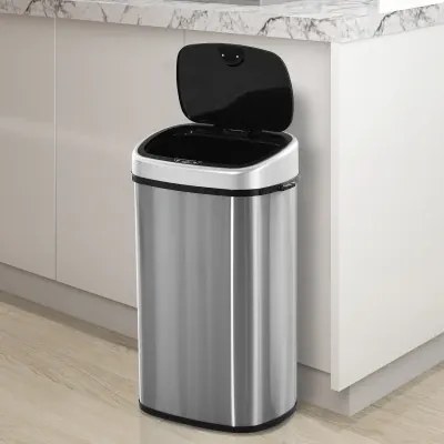 HOMCOM Odpadkový koš 58L, automatický odpadkový koš s infračerveným senzorem, hygienický, velký, nerezová stříbrná, D40,9xŠ28,9xV68 cm