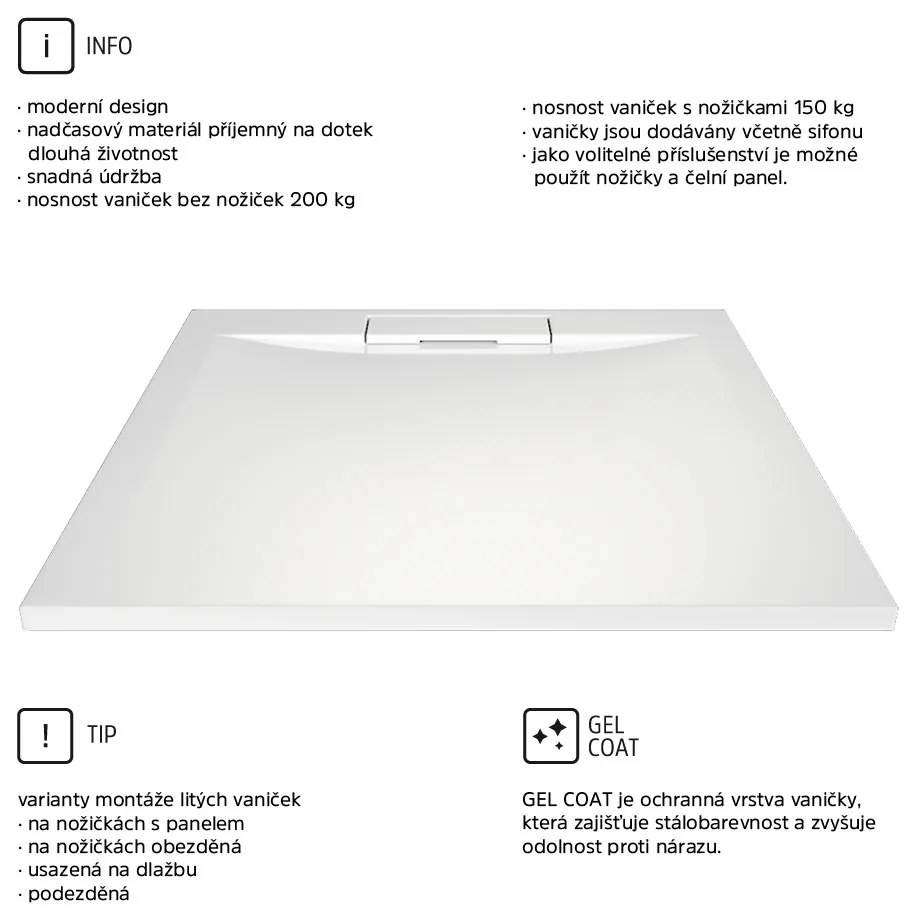 Mereo čtvercová sprchová vanička s hranatým krytem sif. 90x90x3 cm vč. sif. bez nožiček litý mramor bílá CV35KS
