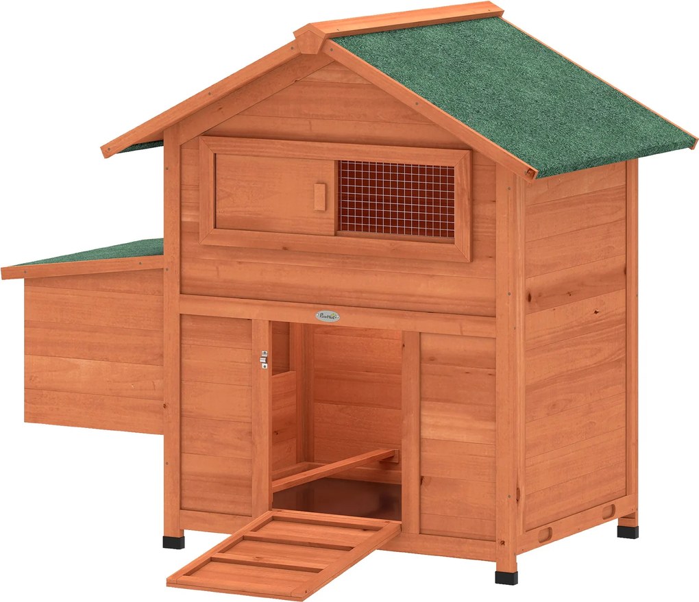 PawHut dřevěný kurník 113,5 × 67,5 × 95,5 cm s hnízdním boxem, 2 bidly, nájezdem, posuvným oknem, nepromokavou střechou a výsuvnou zásuvkou — pro 2 sl