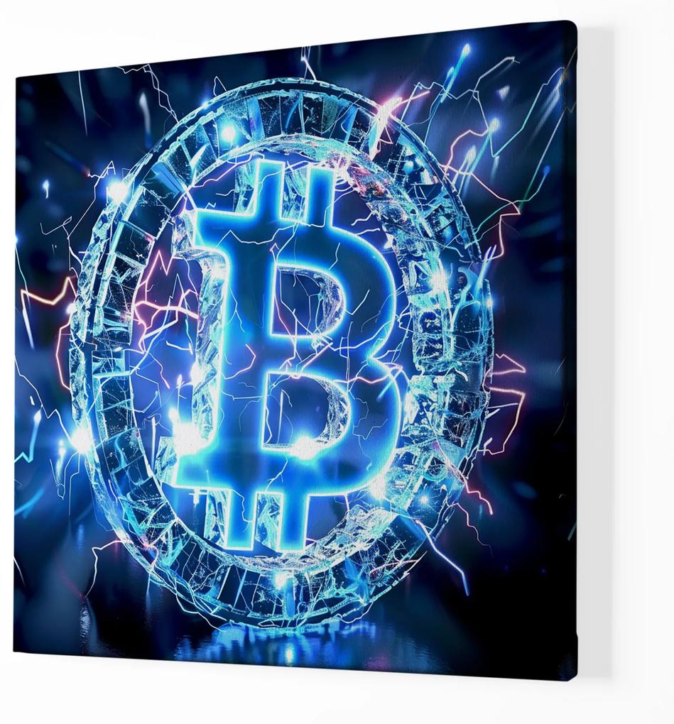 Obraz na plátně - Bitcoin, modré zářící logo FeelHappy.cz Velikost obrazu: 120 x 120 cm