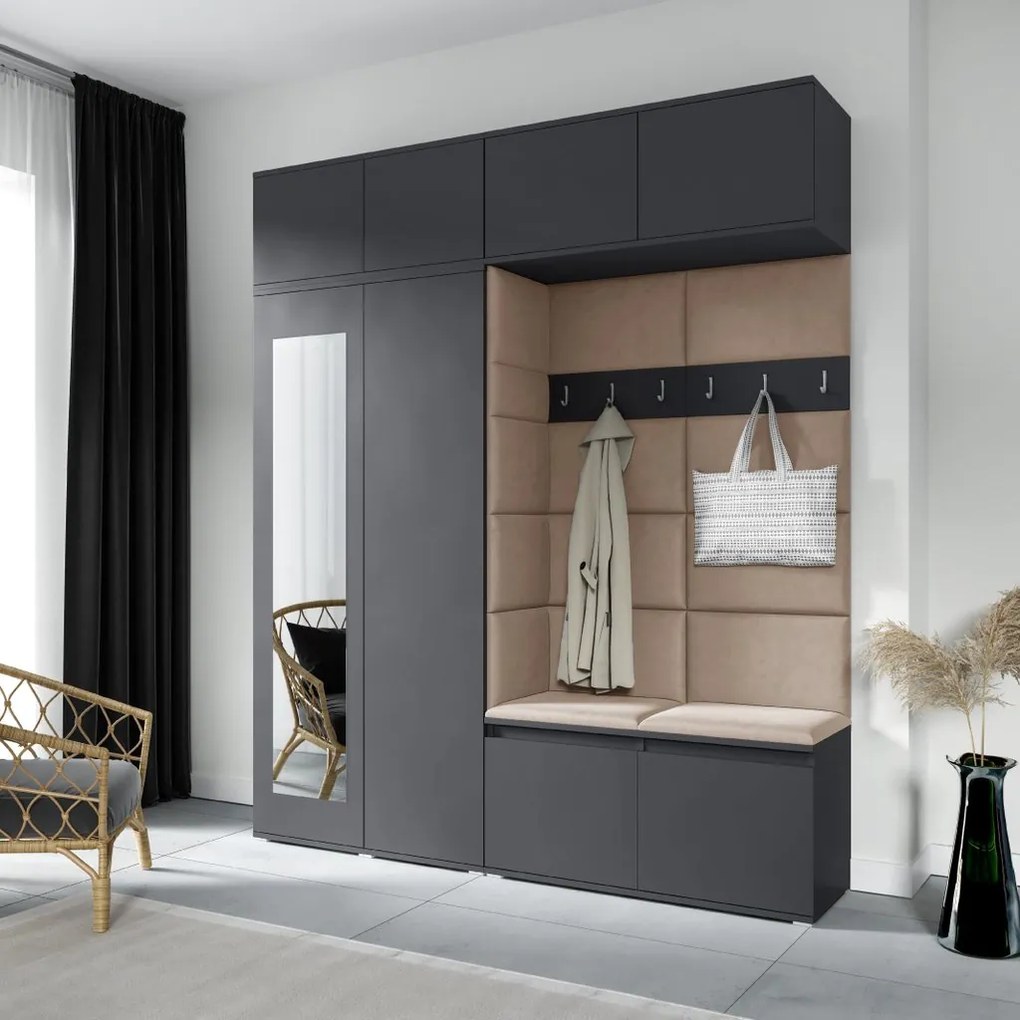 Eka Předsíňová stěna s čalouněnými panely Trinity 16 - Grafit / Béžová 2304