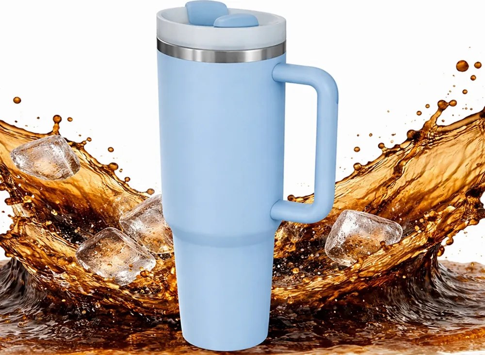 VERK Velký nerezový termohrnek se slámkou a držadlem – 1,2 l - světle modrý