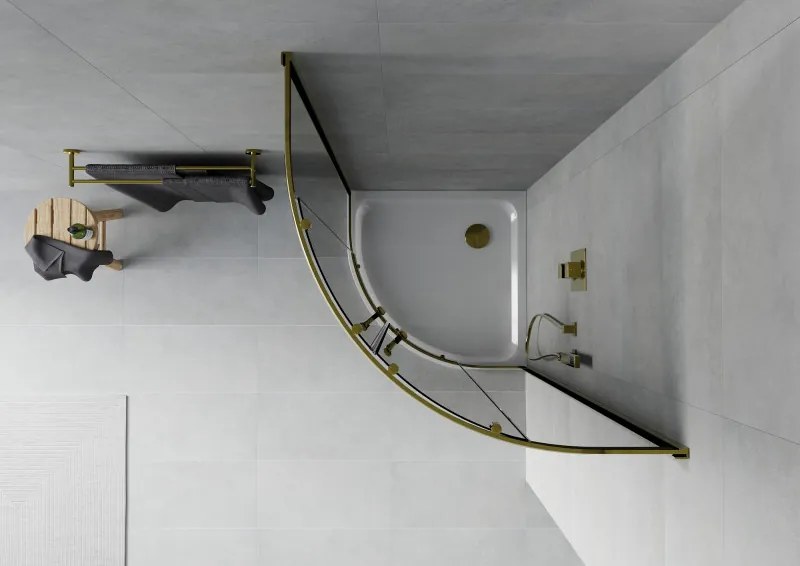 Mexen Rio, čtvrtkruhový sprchový kout s posuvnými dveřmi 80 (dveře) x 80 (dveře) x 190 cm, 5mm šedé sklo, zlatý profil + bílá sprchová vanička SLIM, 863-080-080-50-40-4110G
